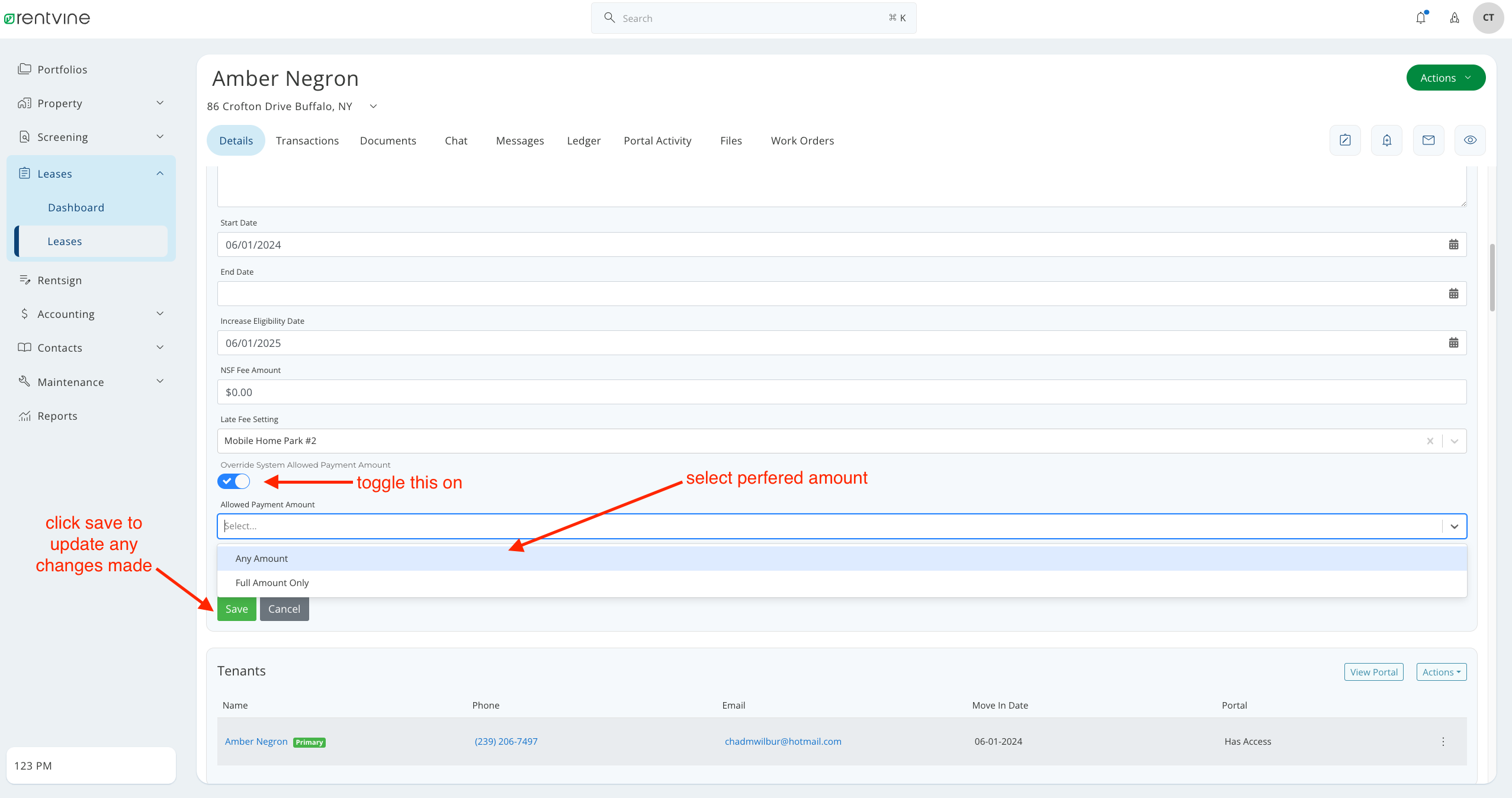 How to Override the Default Allowed Payment Amount on a Lease